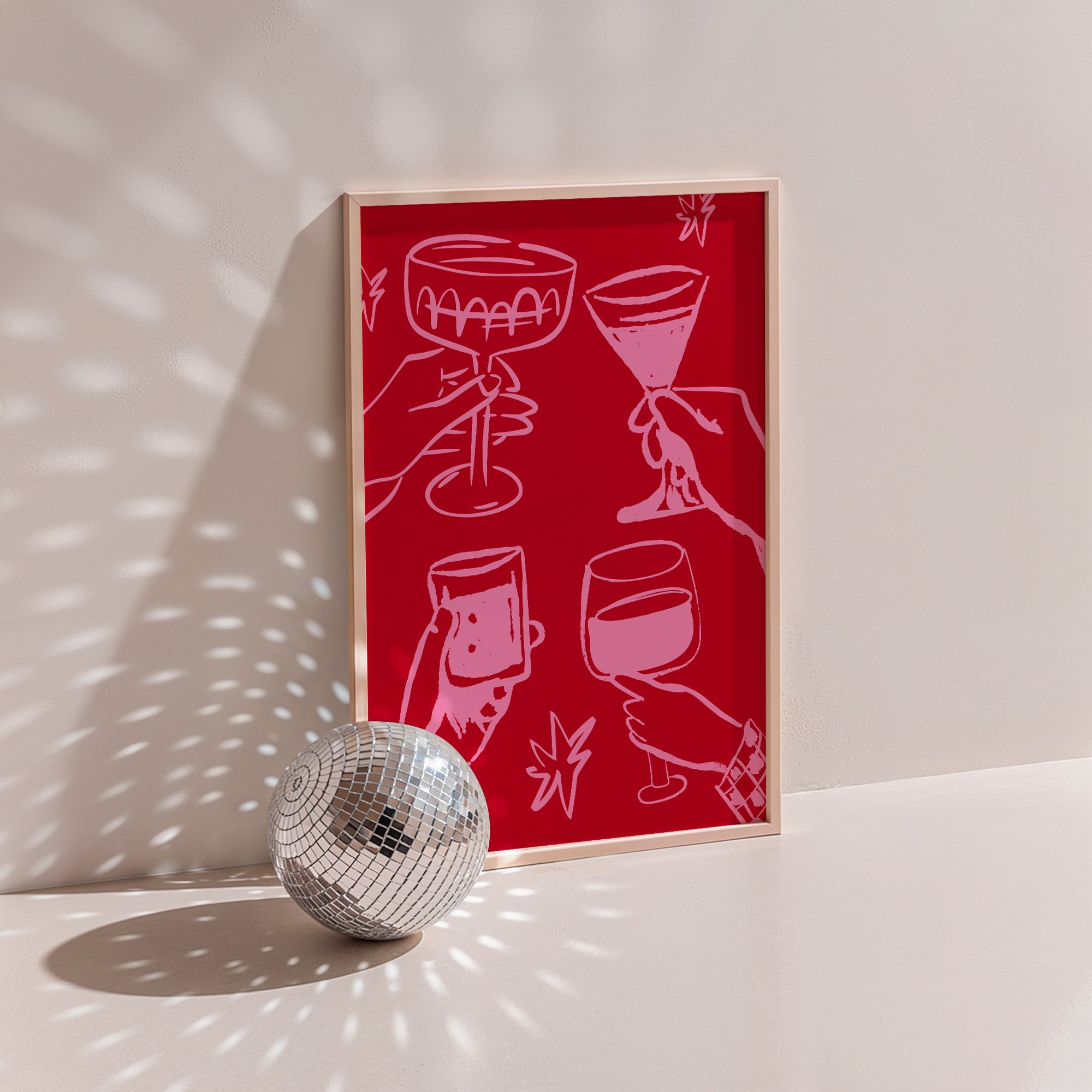 Cheers Cocktails Pink and Red Print | Unique Wall Art from Moonshine Prints